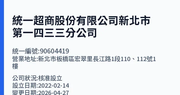統一超商股份有限公司新北市第一四三三分公司的照片-統編 90604419(新北市) 公司登記資料與營業項目詳細圖表