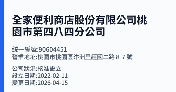 全家便利商店股份有限公司桃園市第四八四分公司的照片-統編 90604451(桃園市) 公司登記資料與營業項目詳細圖表