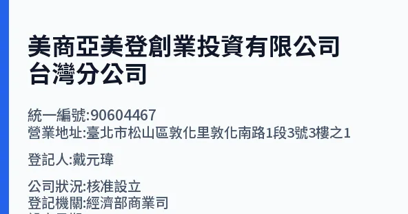 美商亞美登創業投資有限公司台灣分公司的照片-統編 90604467(臺北市) 公司登記資料與營業項目詳細圖表