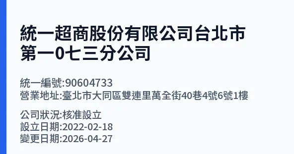統一超商股份有限公司台北市第一0七三分公司的照片-統編 90604733(臺北市) 公司登記資料與營業項目詳細圖表
