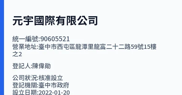 元宇國際有限公司的照片-統編 90605521(臺中市) 公司登記資料與營業項目詳細圖表