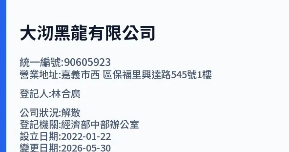 大沏黑龍有限公司的照片-統編 90605923(嘉義市) 公司登記資料與營業項目詳細圖表