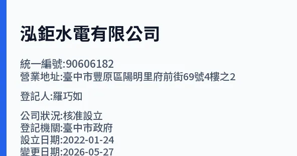 泓鉅水電有限公司的照片-統編 90606182(臺中市) 公司登記資料與營業項目詳細圖表