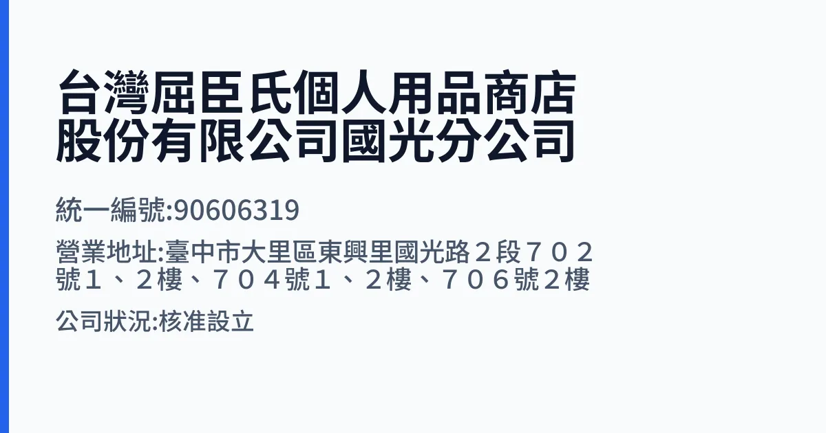 台灣屈臣氏個人用品商店股份有限公司國光分公司 - 統編 90606319(臺中市) 公司登記資料與營業項目詳細圖表