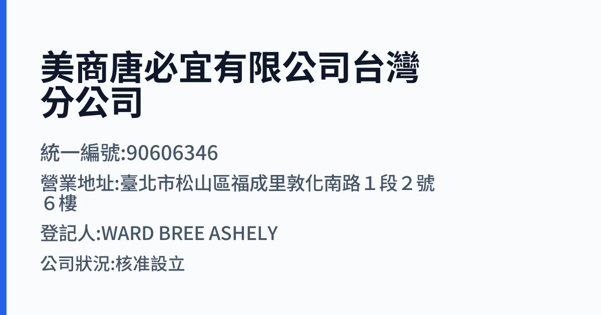 美商唐必宜有限公司台灣分公司 - 統編 90606346(臺北市) 公司登記資料與營業項目詳細圖表