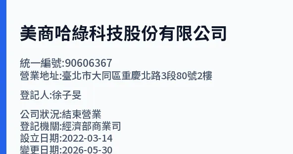 美商哈綠科技股份有限公司的照片-統編 90606367(臺北市) 公司登記資料與營業項目詳細圖表