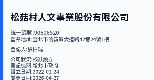 松菇村人文事業股份有限公司的照片-統編 90606520(臺北市) 公司登記資料與營業項目詳細圖表