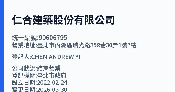 仁合建築股份有限公司的照片-統編 90606795(臺北市) 公司登記資料與營業項目詳細圖表