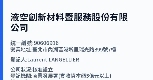 液空創新材料暨服務股份有限公司的照片-統編 90606916(臺北市) 公司登記資料與營業項目詳細圖表