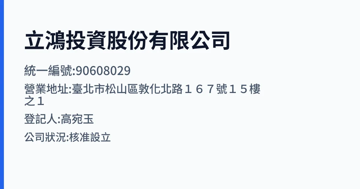 立鴻投資股份有限公司 - 統編 90608029(臺北市) 公司登記資料與營業項目詳細圖表