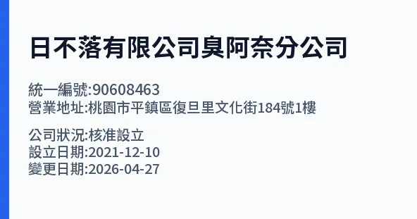 日不落有限公司臭阿奈分公司的照片-統編 90608463(桃園市) 公司登記資料與營業項目詳細圖表