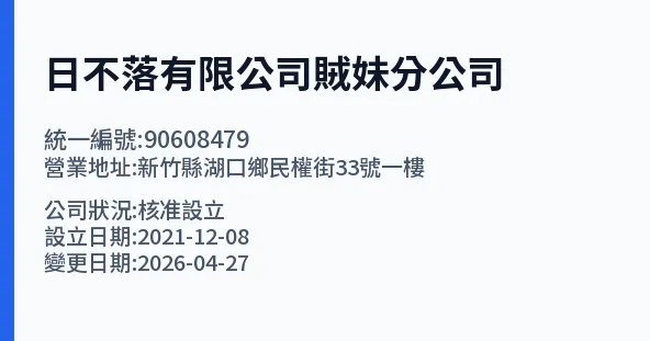 日不落有限公司賊妹分公司的照片-統編 90608479(新竹縣) 公司登記資料與營業項目詳細圖表