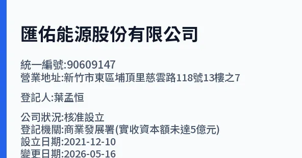 匯佑能源股份有限公司的照片-統編 90609147(新竹市) 公司登記資料與營業項目詳細圖表