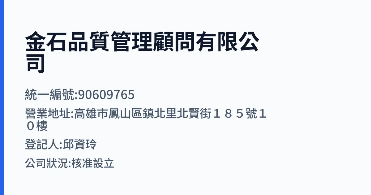 金石品質管理顧問有限公司 - 統編 90609765(高雄市) 公司登記資料與營業項目詳細圖表