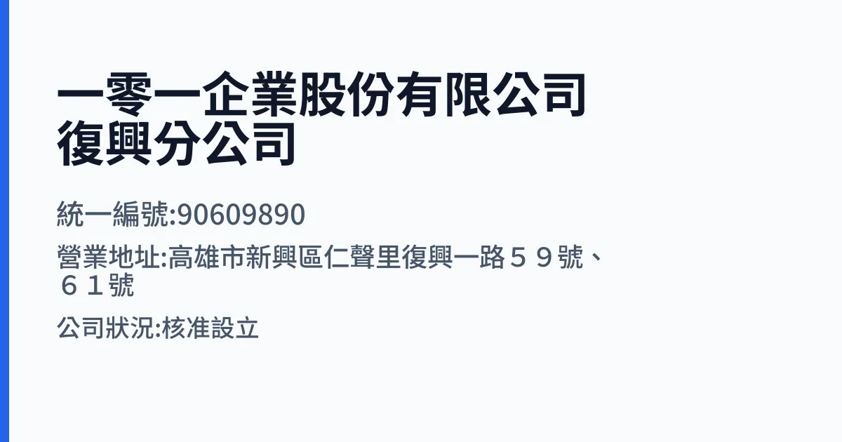 一零一企業股份有限公司復興分公司 - 統編 90609890(高雄市) 公司登記資料與營業項目詳細圖表