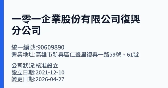 一零一企業股份有限公司復興分公司的照片-統編 90609890(高雄市) 公司登記資料與營業項目詳細圖表
