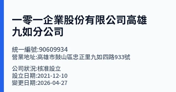 一零一企業股份有限公司高雄九如分公司的照片-統編 90609934(高雄市) 公司登記資料與營業項目詳細圖表