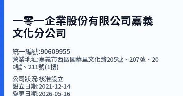 一零一企業股份有限公司嘉義文化分公司的照片-統編 90609955(嘉義市) 公司登記資料與營業項目詳細圖表