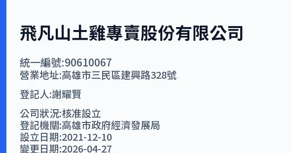 飛凡山土雞專賣股份有限公司的照片-統編 90610067(高雄市) 公司登記資料與營業項目詳細圖表
