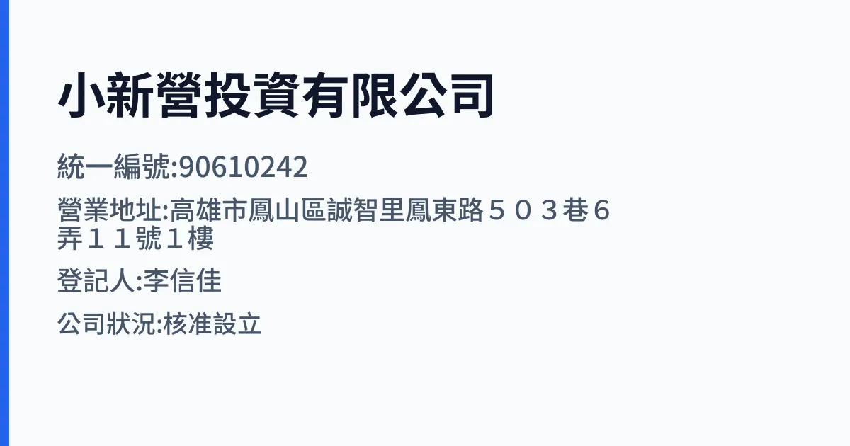 小新營投資有限公司 - 統編 90610242(高雄市) 公司登記資料與營業項目詳細圖表