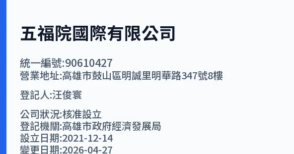 五福院國際有限公司的照片-統編 90610427(高雄市) 公司登記資料與營業項目詳細圖表