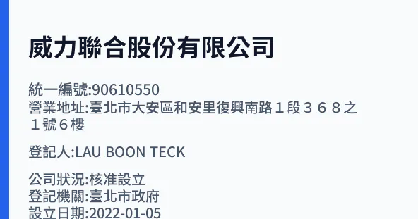 威力聯合股份有限公司的照片-統編 90610550(臺北市) 公司登記資料與營業項目詳細圖表