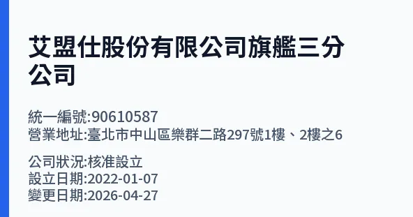 艾盟仕股份有限公司旗艦三分公司的照片-統編 90610587(臺北市) 公司登記資料與營業項目詳細圖表