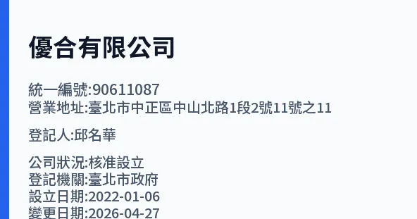 優合有限公司的照片-統編 90611087(臺北市) 公司登記資料與營業項目詳細圖表
