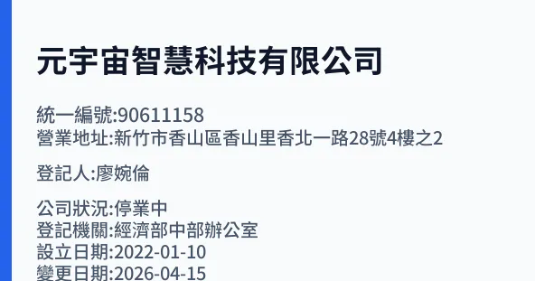 元宇宙智慧科技有限公司的照片-統編 90611158(新竹市) 公司登記資料與營業項目詳細圖表
