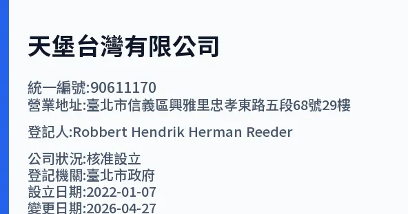 天堡台灣有限公司的照片-統編 90611170(臺北市) 公司登記資料與營業項目詳細圖表