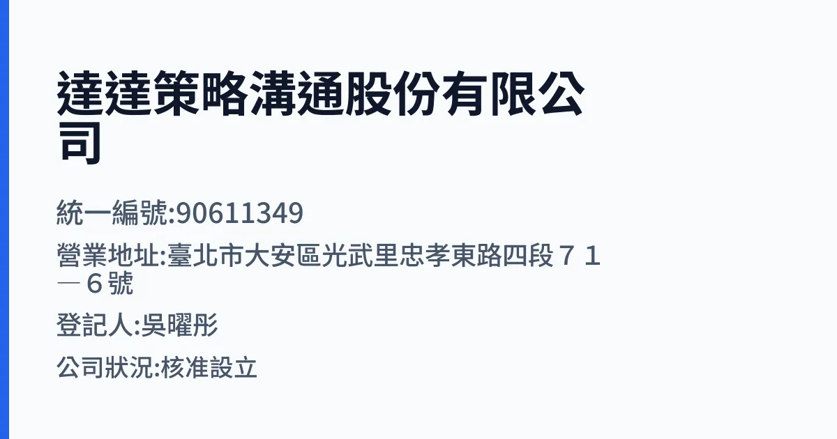 達達策略溝通股份有限公司 - 統編 90611349(臺北市) 公司登記資料與營業項目詳細圖表