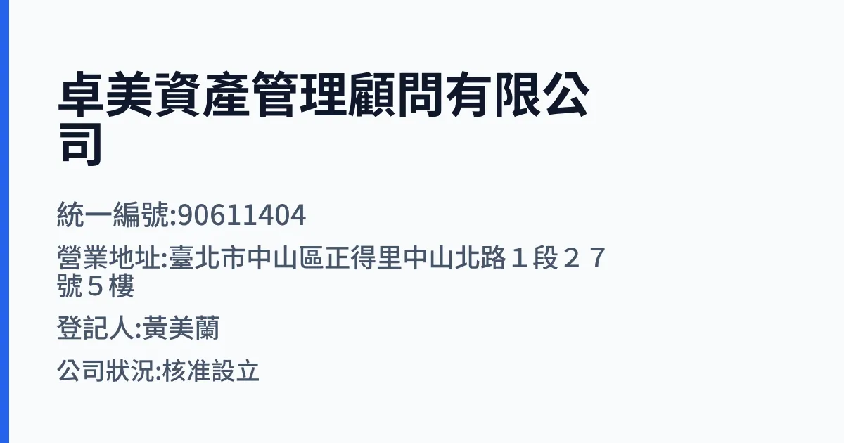 卓美資產管理顧問有限公司 - 統編 90611404(臺北市) 公司登記資料與營業項目詳細圖表