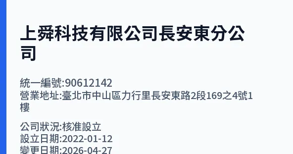 上舜科技有限公司長安東分公司的照片-統編 90612142(臺北市) 公司登記資料與營業項目詳細圖表