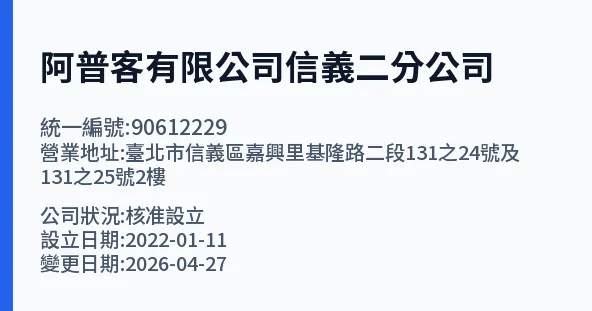 阿普客有限公司信義二分公司的照片-統編 90612229(臺北市) 公司登記資料與營業項目詳細圖表