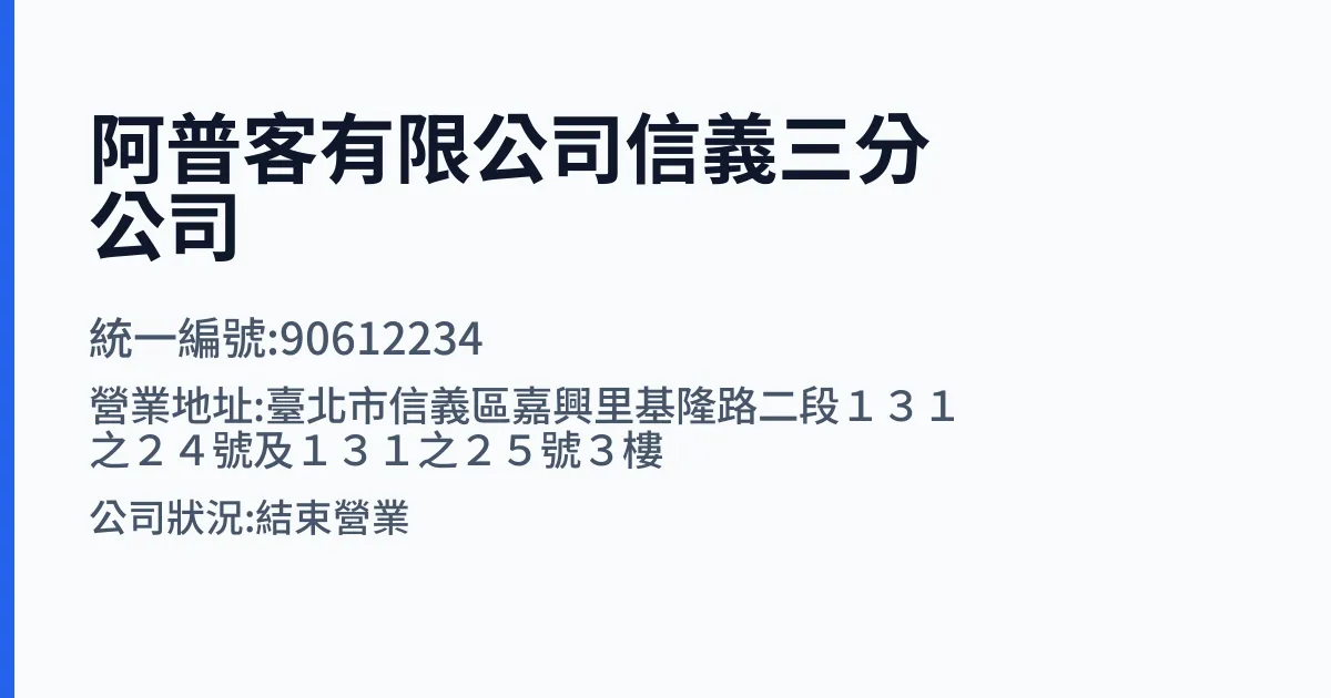阿普客有限公司信義三分公司 - 統編 90612234(臺北市) 公司登記資料與營業項目詳細圖表