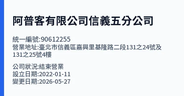 阿普客有限公司信義五分公司的照片-統編 90612255(臺北市) 公司登記資料與營業項目詳細圖表