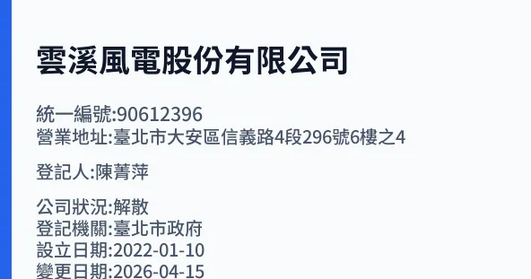 雲溪風電股份有限公司的照片-統編 90612396(臺北市) 公司登記資料與營業項目詳細圖表