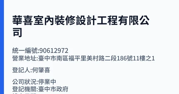 華喜室內裝修設計工程有限公司的照片-統編 90612972(臺中市) 公司登記資料與營業項目詳細圖表