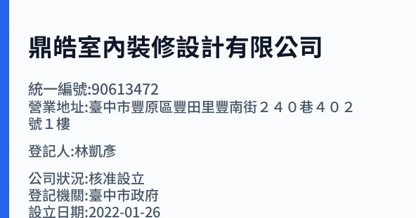 鼎皓室內裝修設計有限公司的照片-統編 90613472(臺中市) 公司登記資料與營業項目詳細圖表