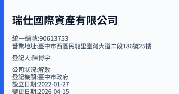 瑞仕國際資產有限公司的照片-統編 90613753(臺中市) 公司登記資料與營業項目詳細圖表