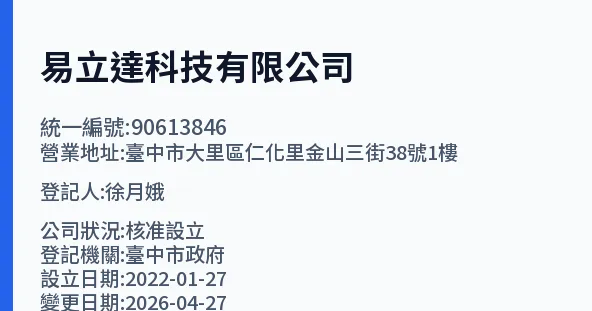 易立達科技有限公司的照片-統編 90613846(臺中市) 公司登記資料與營業項目詳細圖表