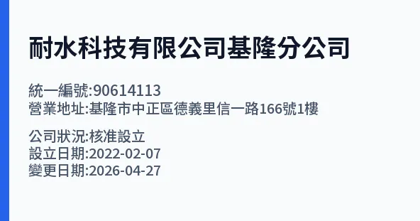 耐水科技有限公司基隆分公司的照片-統編 90614113(基隆市) 公司登記資料與營業項目詳細圖表
