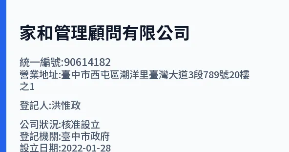 家和管理顧問有限公司的照片-統編 90614182(臺中市) 公司登記資料與營業項目詳細圖表