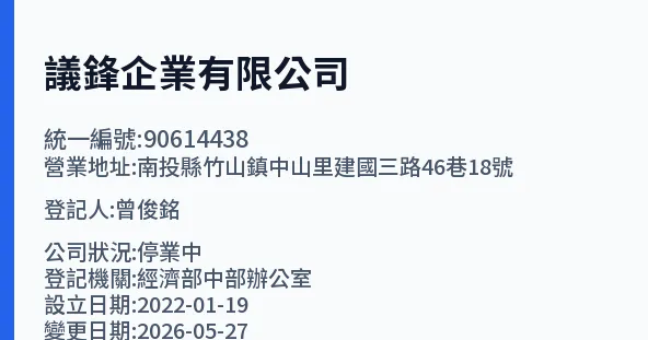 議鋒企業有限公司的照片-統編 90614438(南投縣) 公司登記資料與營業項目詳細圖表