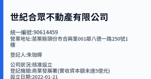 世紀合眾不動產有限公司的照片-統編 90614459(苗栗縣) 公司登記資料與營業項目詳細圖表