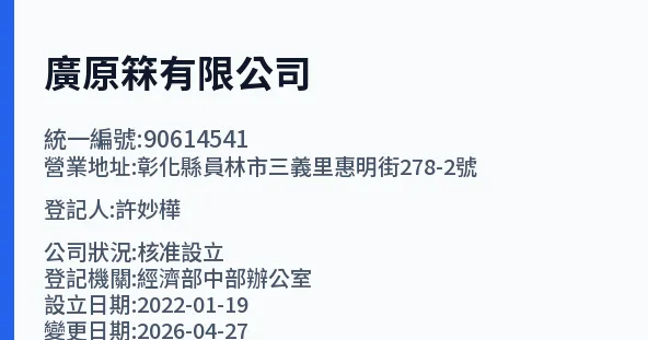 廣原箖有限公司的照片-統編 90614541(彰化縣) 公司登記資料與營業項目詳細圖表