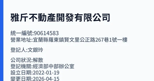 雅斤不動產開發有限公司的照片-統編 90614583(宜蘭縣) 公司登記資料與營業項目詳細圖表