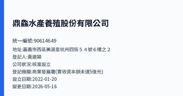 鼎鱻水產養殖股份有限公司的照片-統編 90614649(嘉義市) 公司登記資料與營業項目詳細圖表