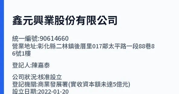 鑫元興業股份有限公司的照片-統編 90614660(彰化縣) 公司登記資料與營業項目詳細圖表