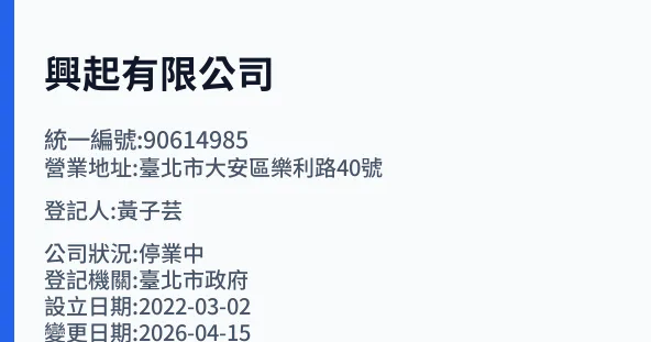 興起有限公司的照片-統編 90614985(臺北市) 公司登記資料與營業項目詳細圖表